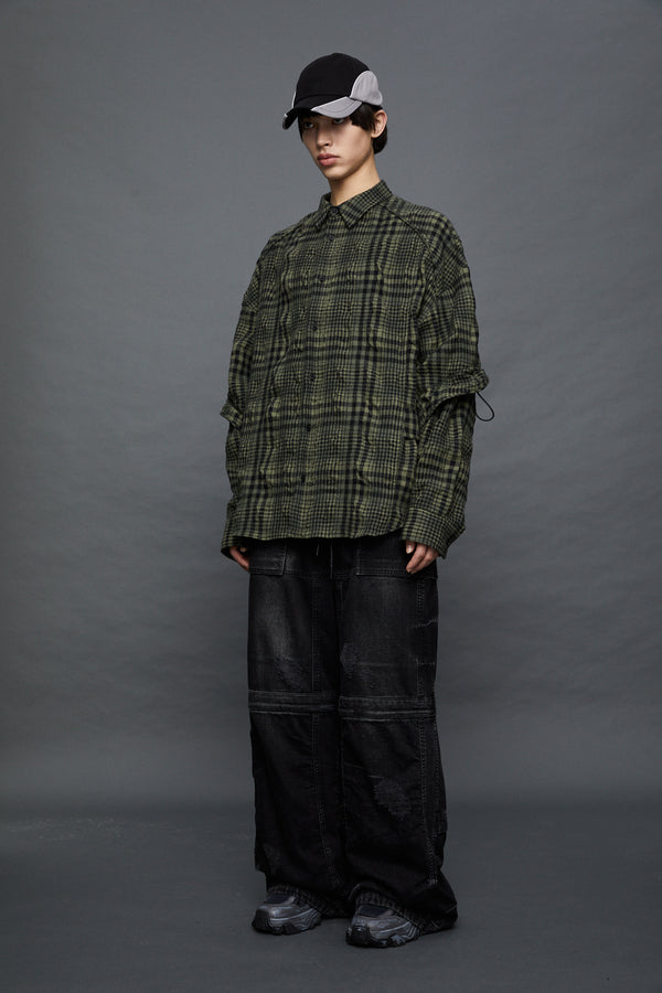 Juun.J Dual Sleeve Crinkled Checkered Shirt - Khaki - Due West